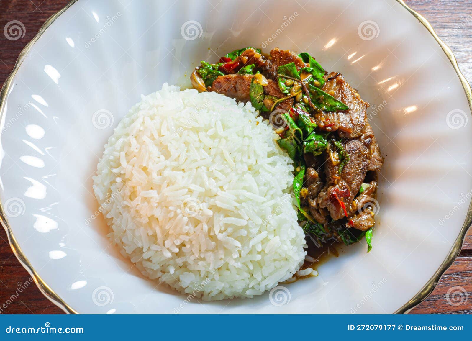 Stir Fried Basil with Beef on Rice Stock Image - Image of bowl, cooked ...