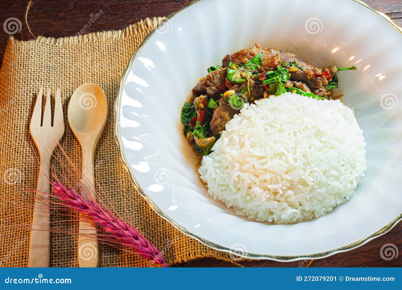 Stir Fried Basil with Beef on Rice Stock Image - Image of beef, cuisine ...