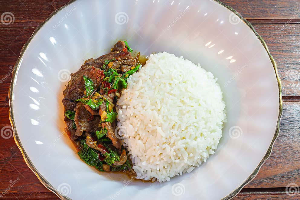 Stir Fried Basil with Beef on Rice Stock Image - Image of pepper ...