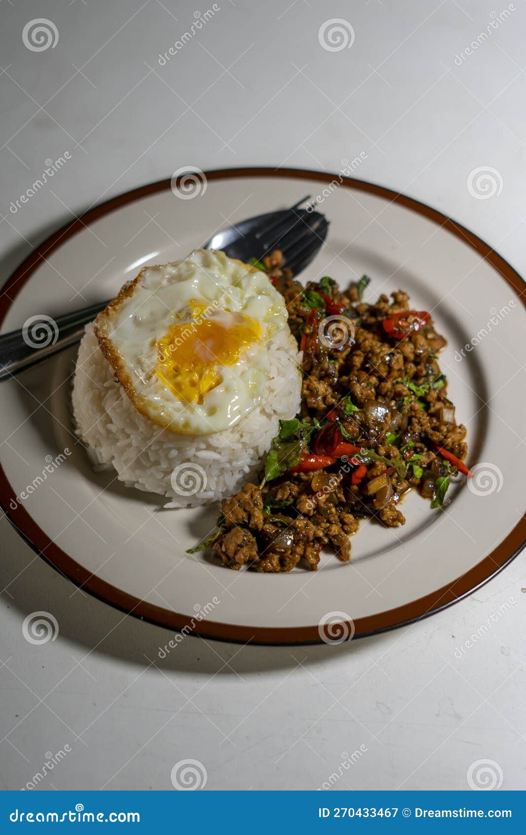 Stir-fried Basil with Pork and Fried Egg Stock Image - Image of minced ...