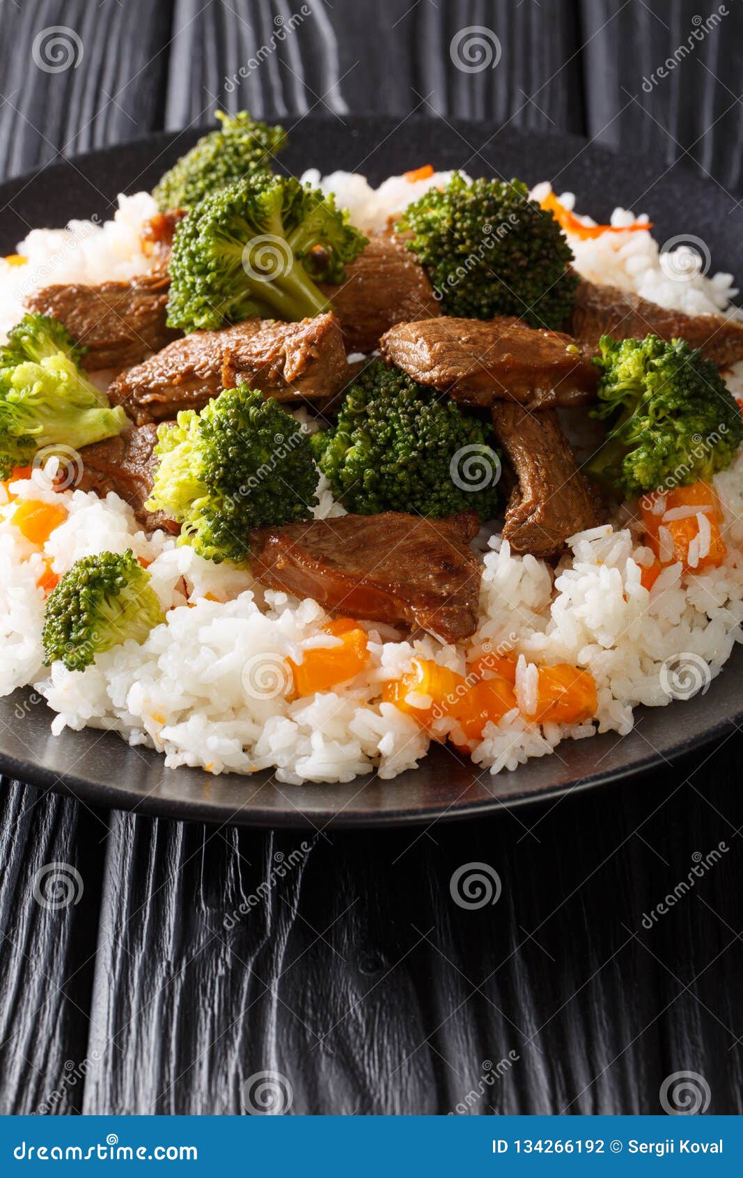 Stir-fried Beef Broccoli with Rice and Persimmon Side Dish Close-up on ...