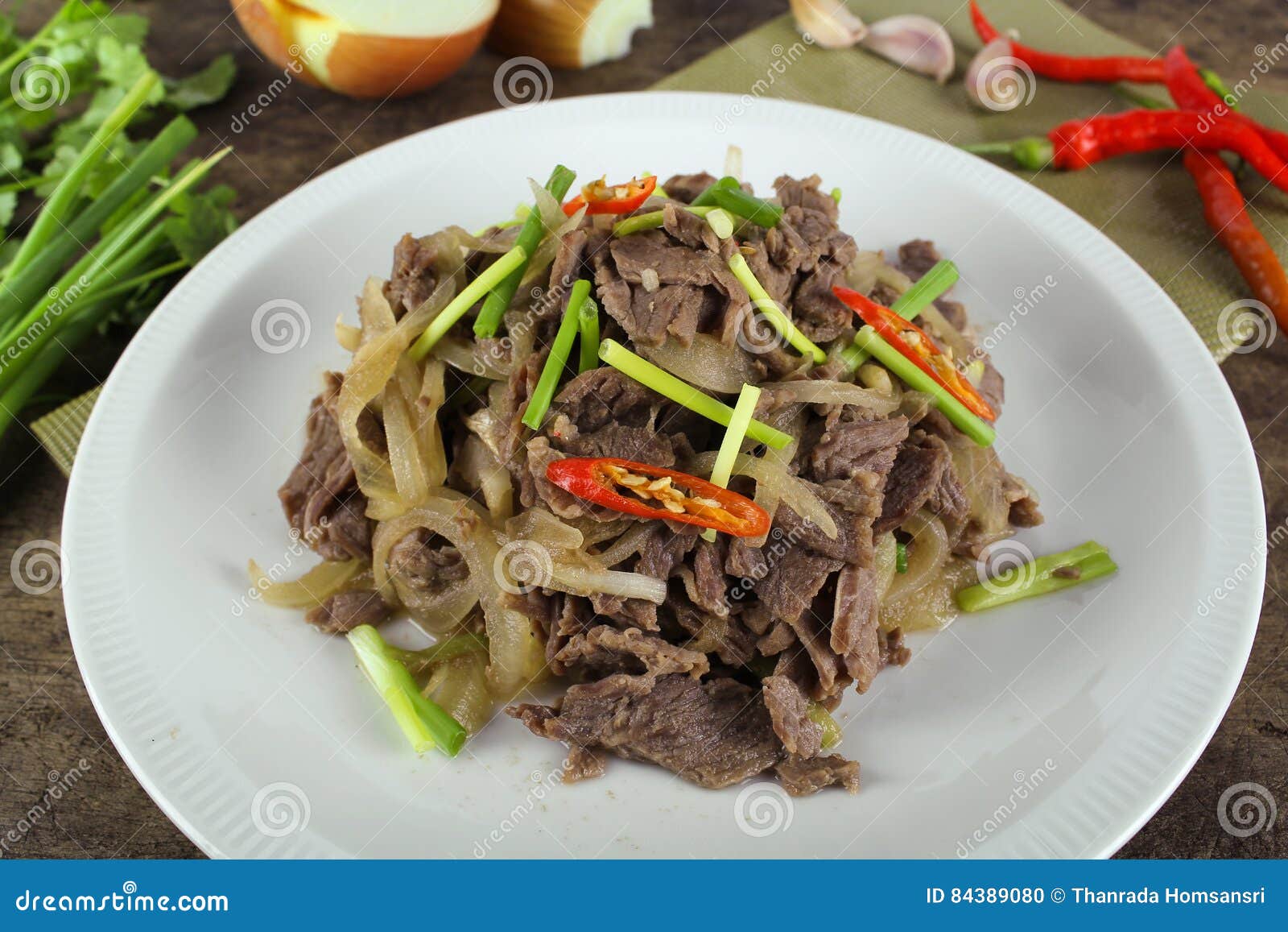 Stir fried beef with onion stock photo. Image of beef - 84389080