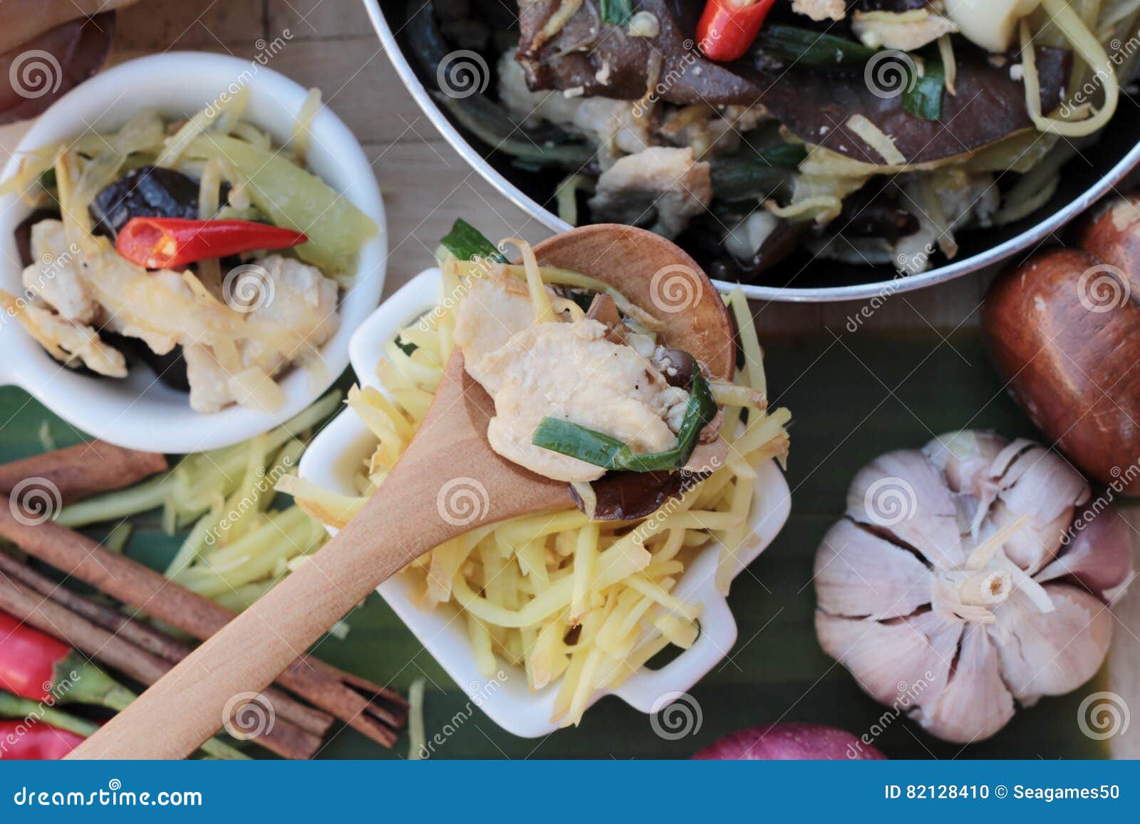 Stir Fried Chicken, Ginger and Fresh Ginger Sliced. Stock Photo - Image ...