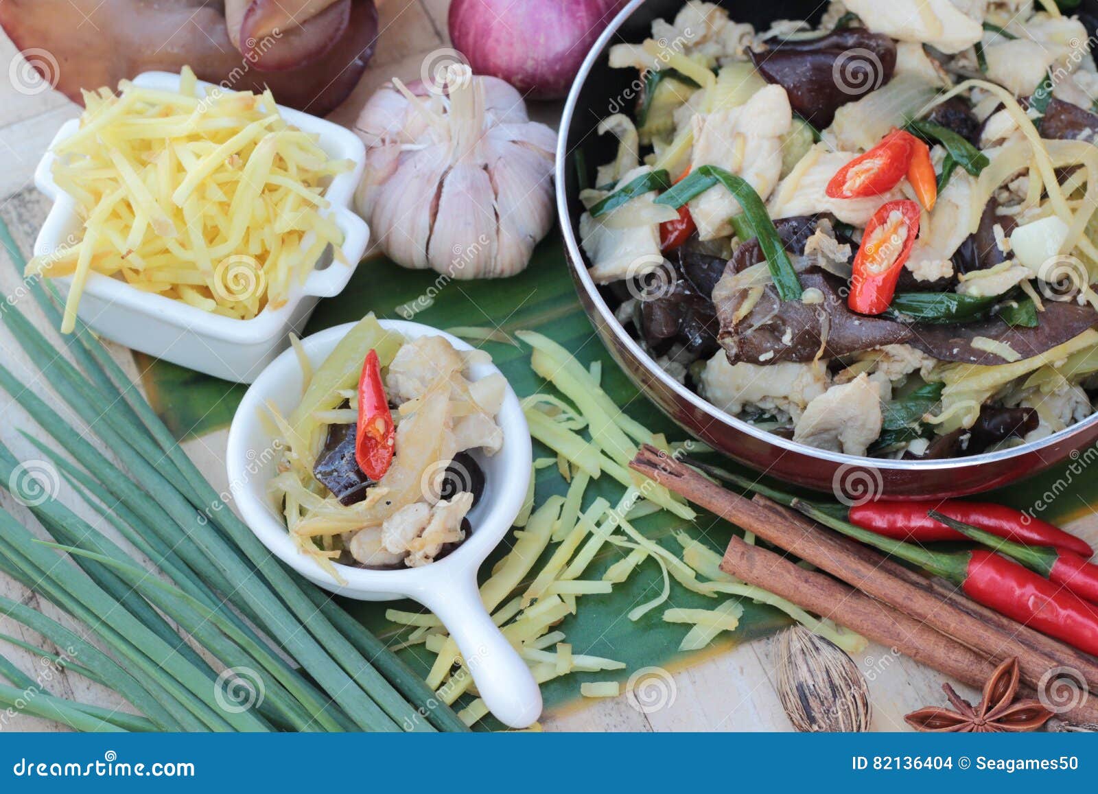 Stir Fried Chicken, Ginger and Fresh Ginger Sliced. Stock Photo - Image ...