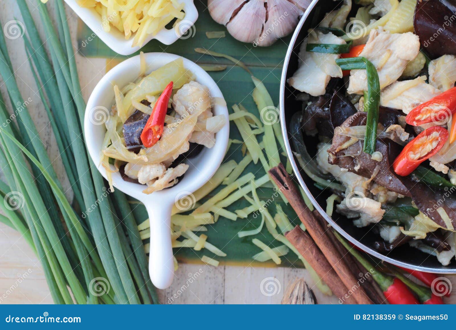 Stir Fried Chicken, Ginger and Fresh Ginger Sliced. Stock Image - Image ...