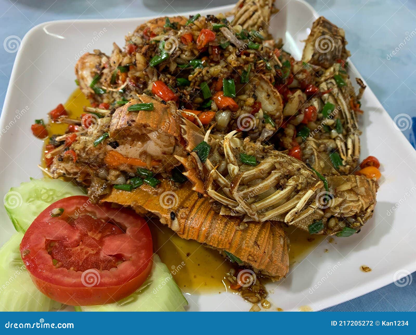 Stir Fried Flathead Lobster with Chili and Garlic - Close Up Stock ...