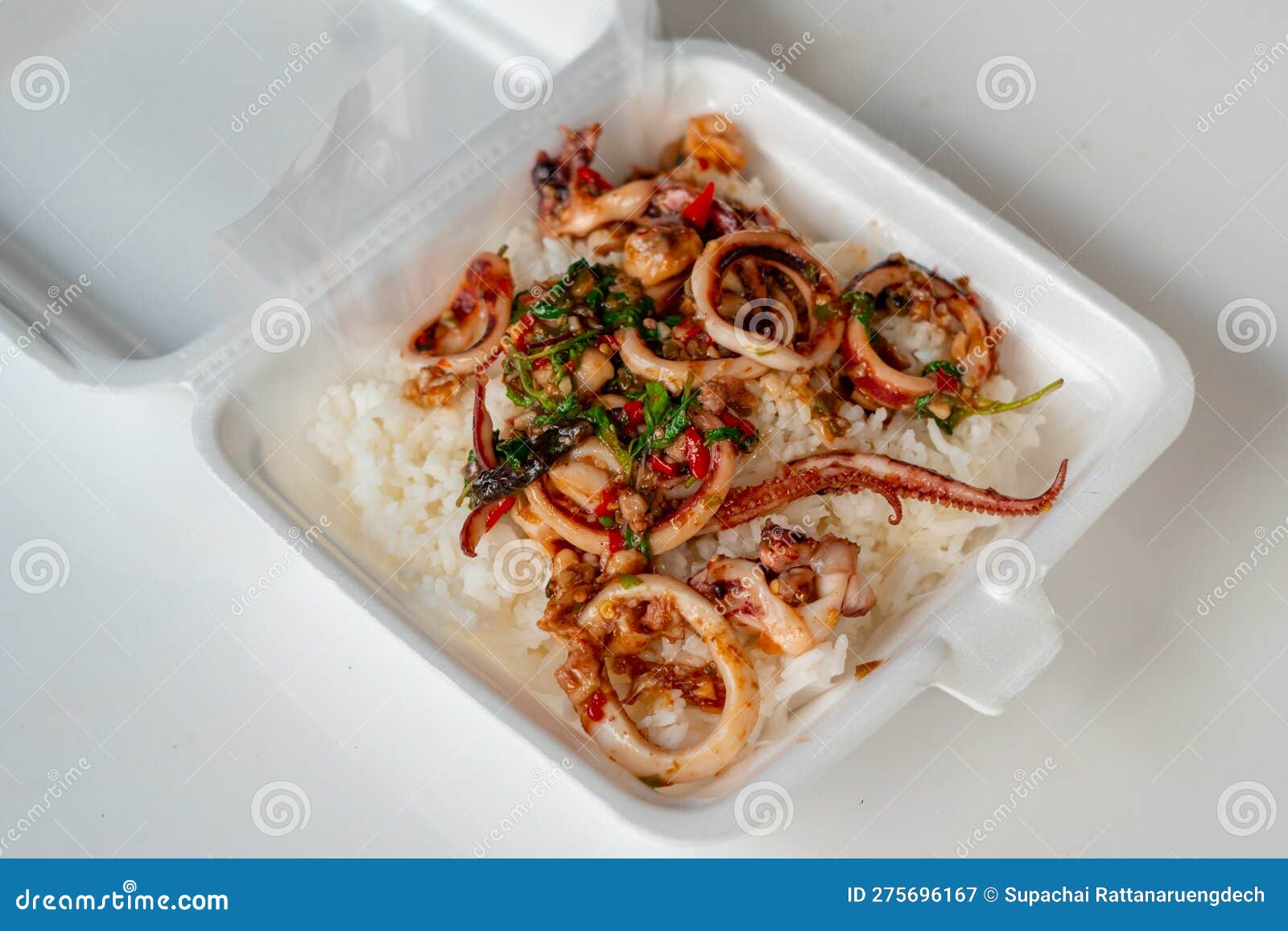 Stir Fried Holy Basil with Octopus or Squid and Herb Stock Image ...
