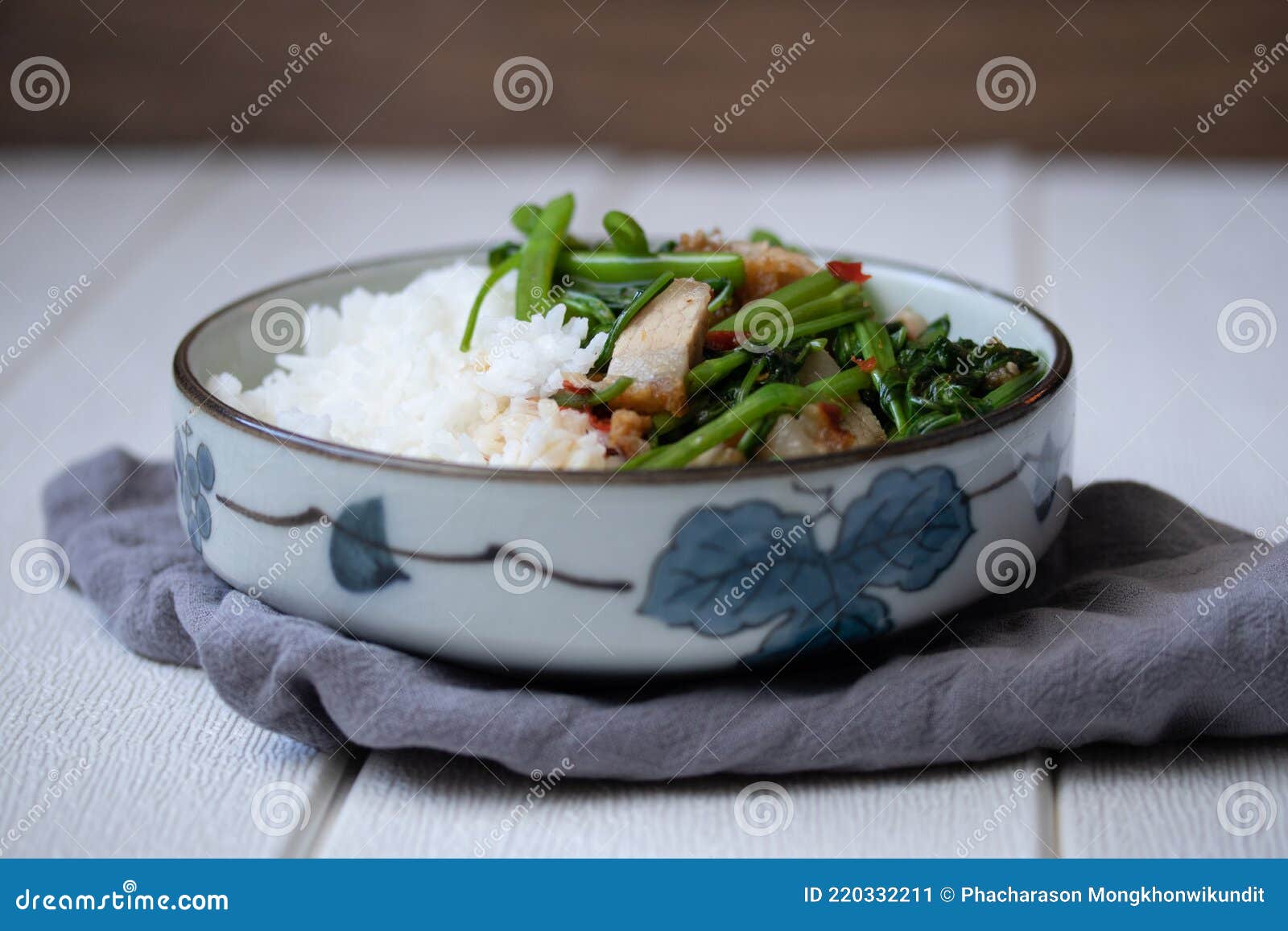 Stir Fried Morning Glory with Crispy Pork and Steamed Rice Stock Image ...