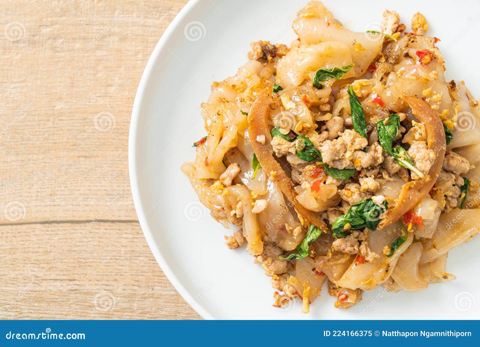 Stir-fried Noodle with Minced Chicken and Basil Stock Image - Image of ...
