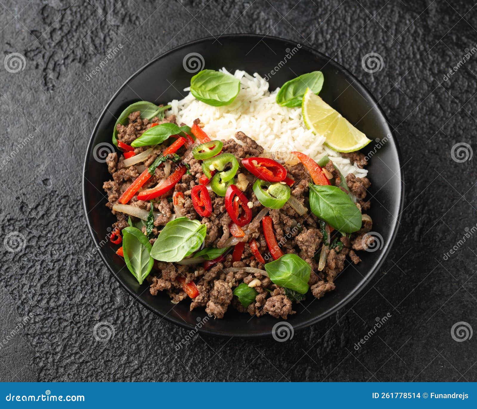 Stir Fried Pad Kra Pao with Rice in Black Bowl Stock Photo - Image of ...