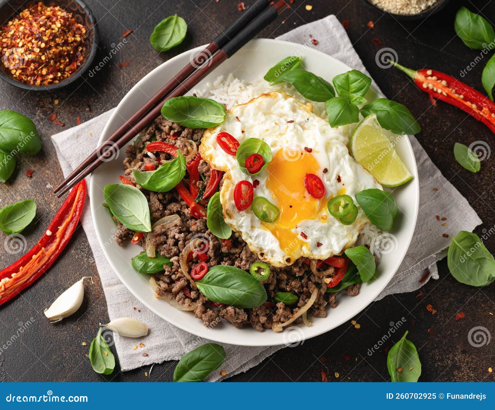 Stir Fried Pad Kra Pao with Rice and Egg in White Plate Stock Image ...