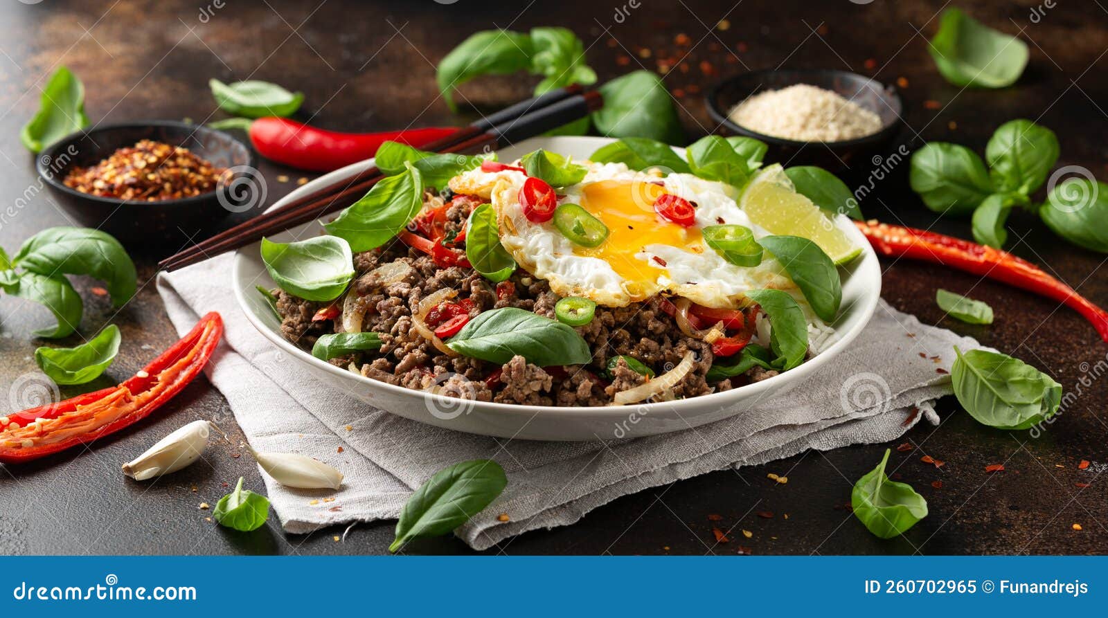 Stir Fried Pad Kra Pao with Rice and Egg in White Plate Stock Image ...