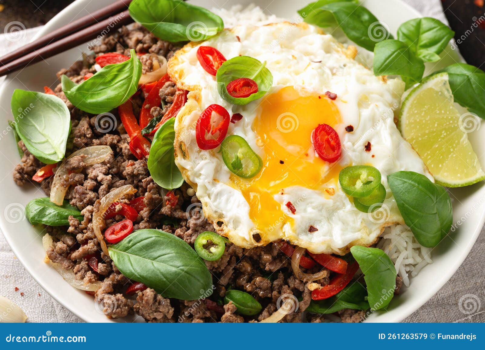 Stir Fried Pad Kra Pao with Rice and Egg in White Plate Stock Image ...