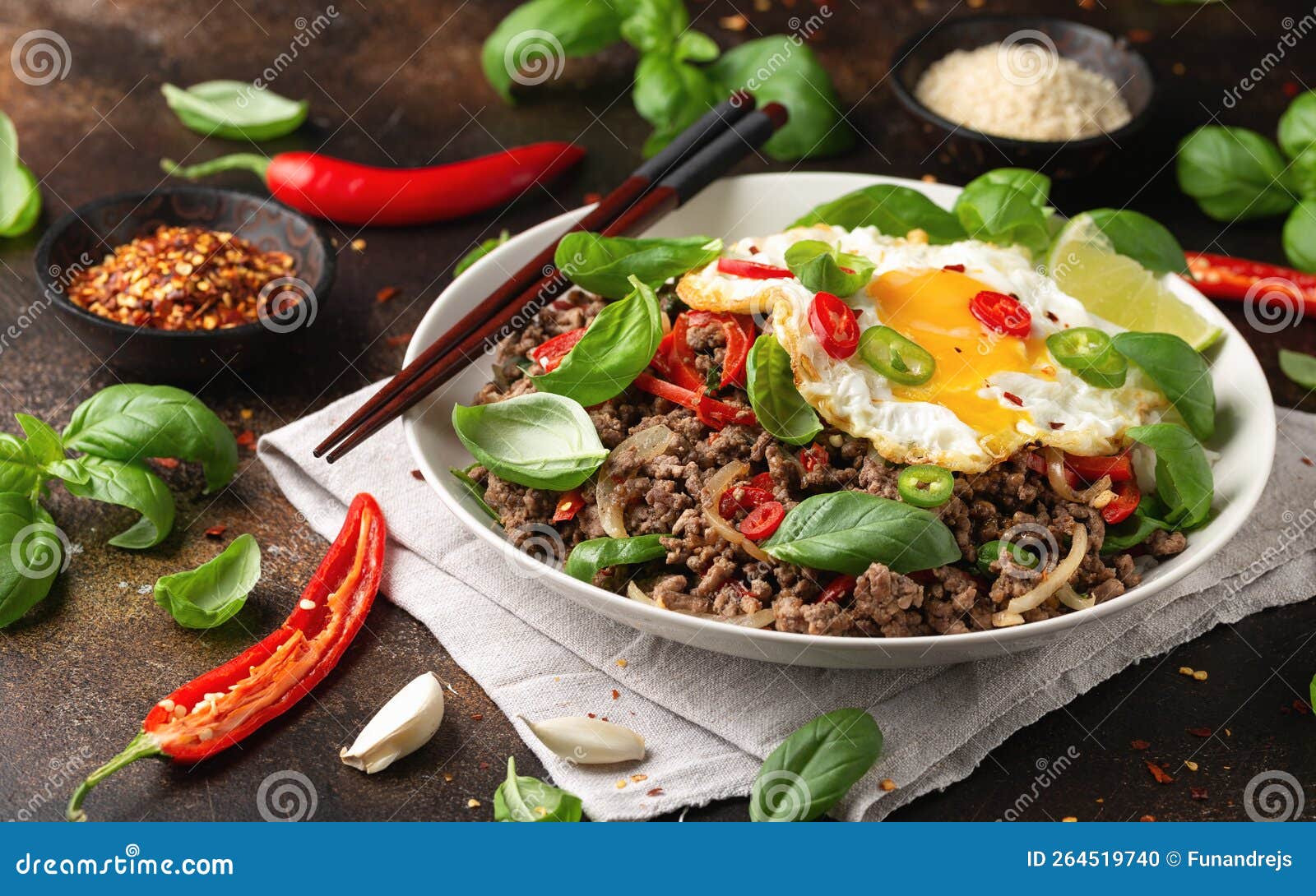 Stir Fried Pad Kra Pao with Rice and Egg in White Plate Stock Photo ...