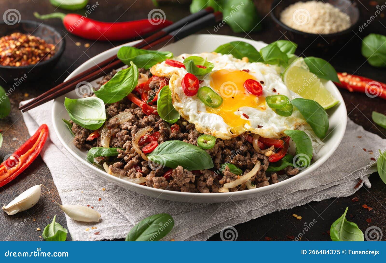Stir Fried Pad Kra Pao with Rice and Egg in White Plate Stock Image ...