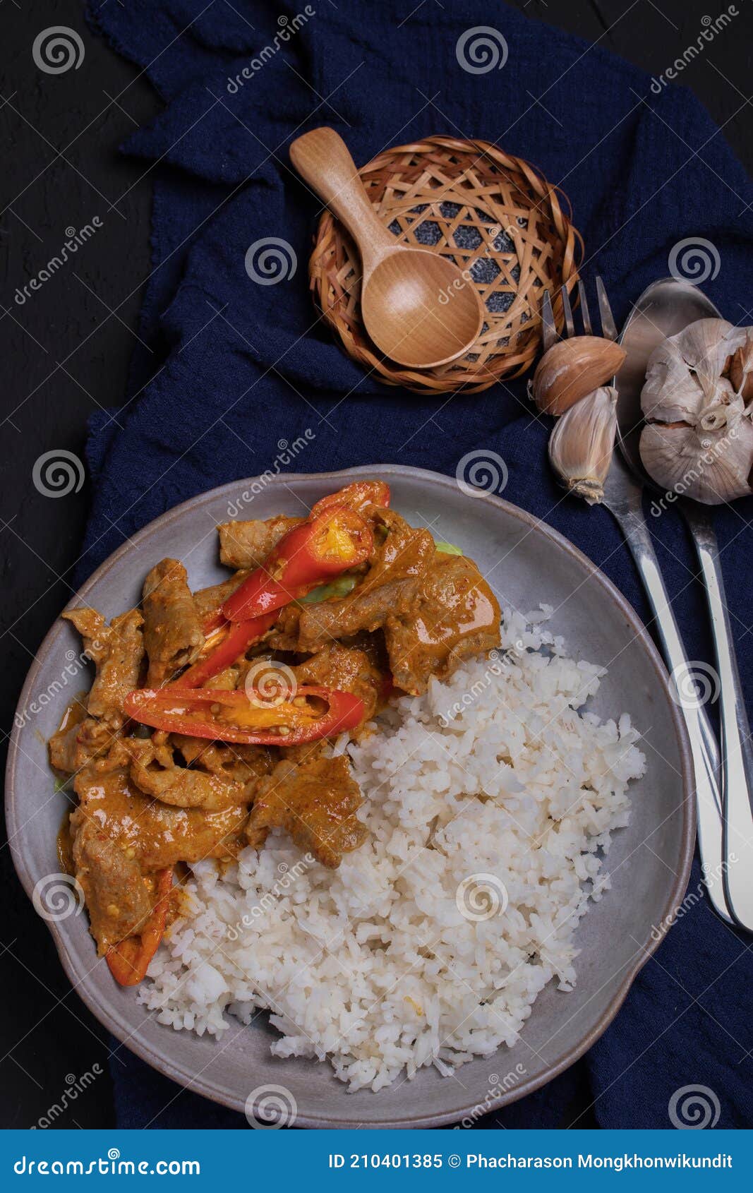Stir Fried Pork Curry with Steamed Rice Stock Image - Image of leaf ...