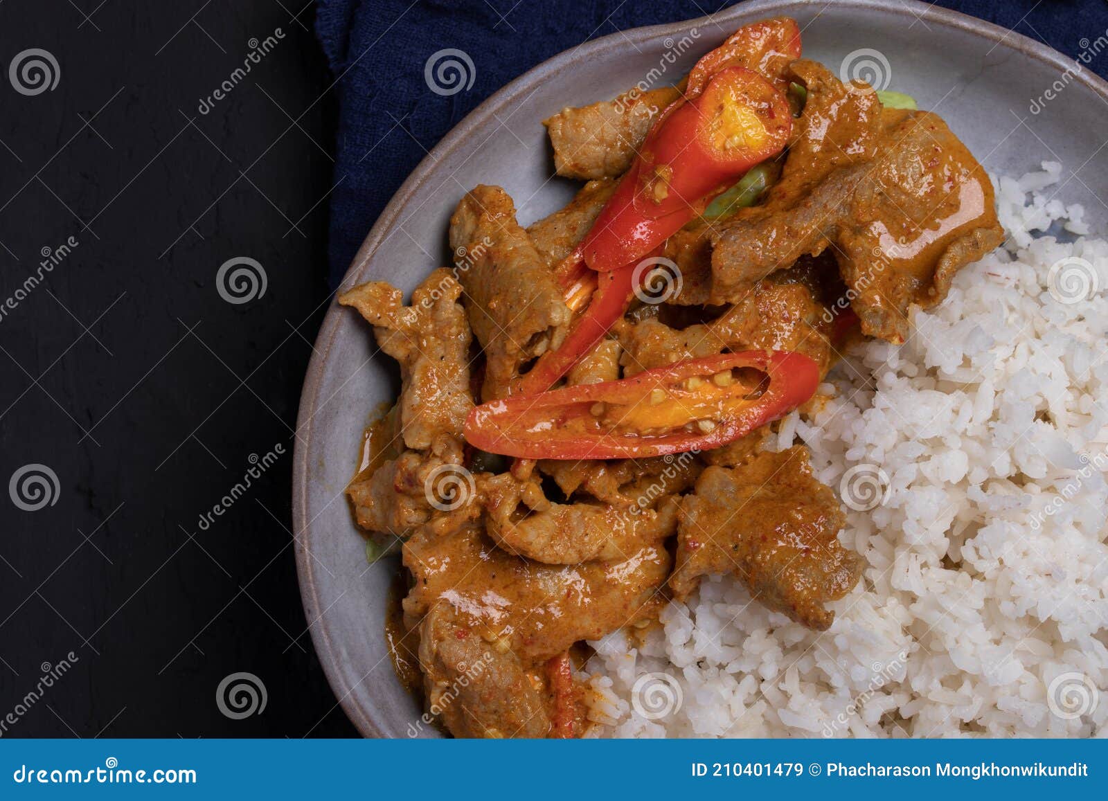 Stir Fried Pork Curry with Steamed Rice Stock Image - Image of plate ...