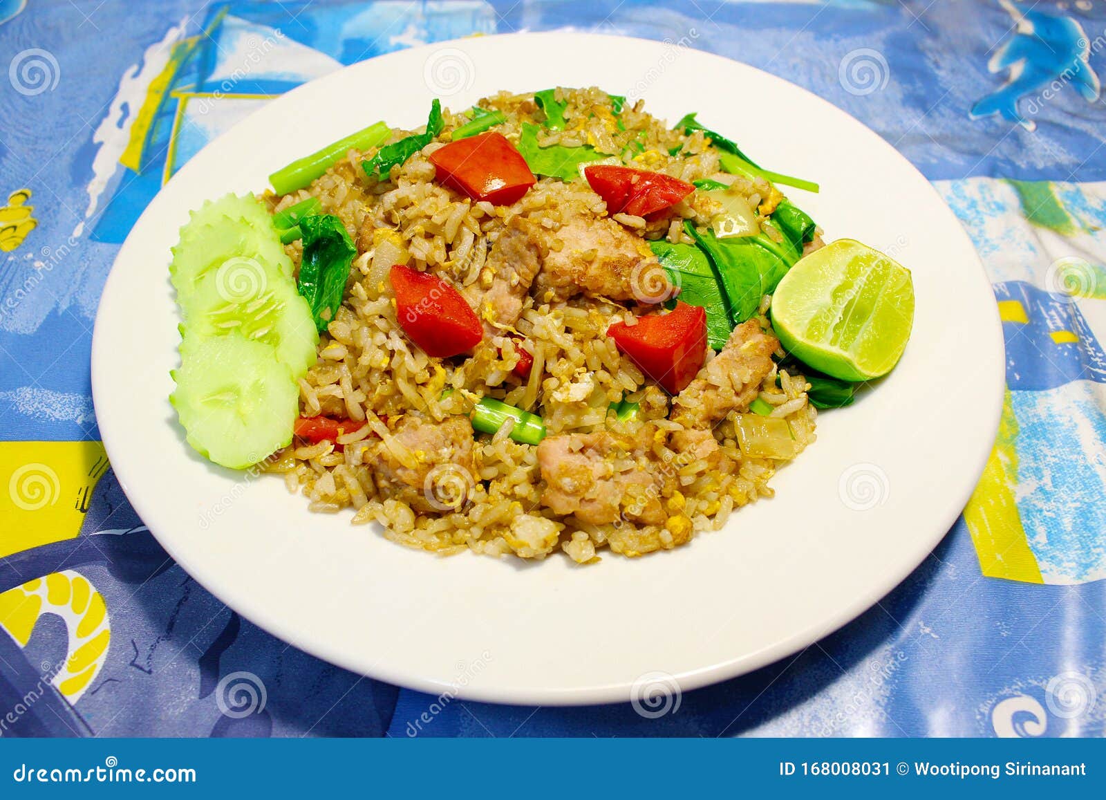 Stir fried rice with pork stock image. Image of meal - 168008031
