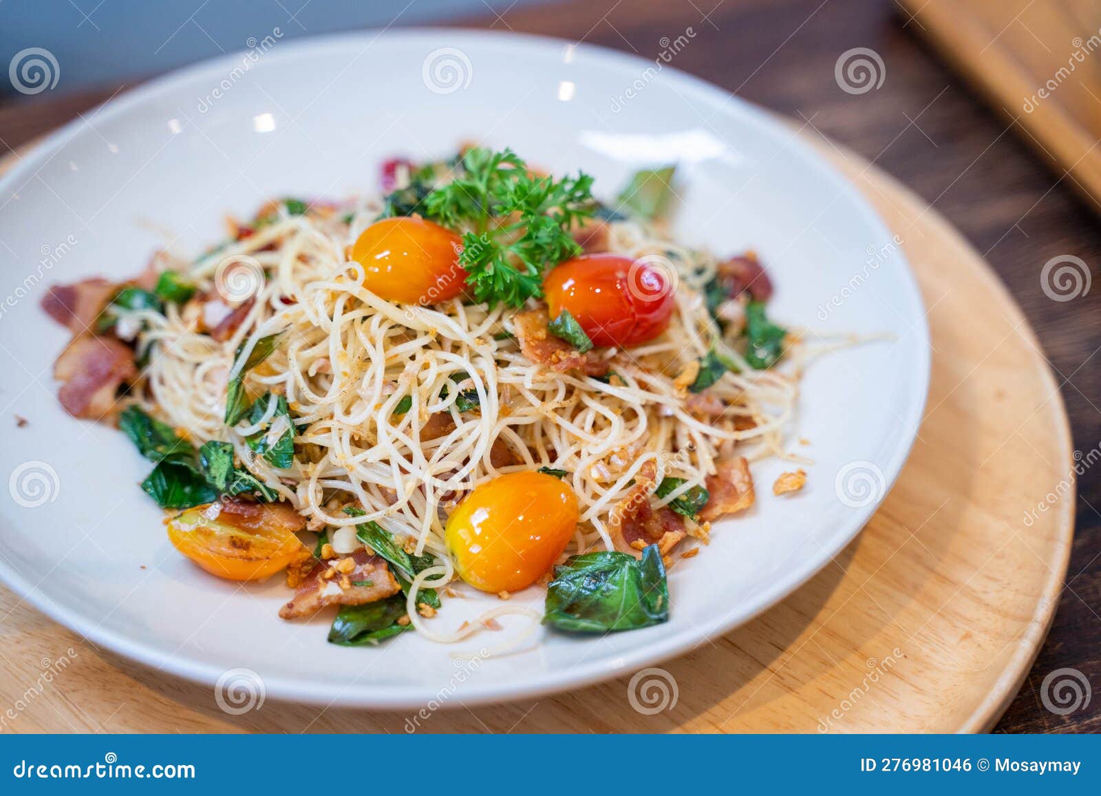 Stir Fried Spaghetti with Bacon Serve with Tomato Stock Photo - Image ...