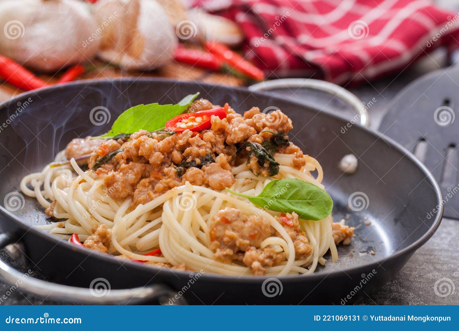 Stir-fried Spicy Spaghetti with Stir Basii Stock Image - Image of pasta ...