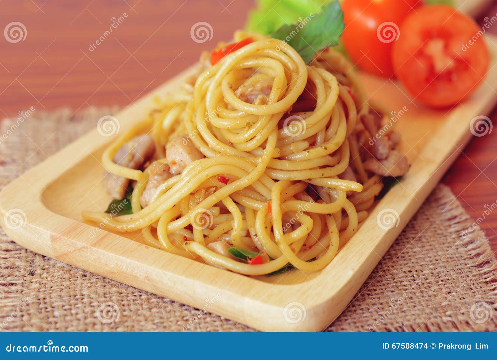 Stir-fried Spicy Spaghetti with Chicken. Thai Style Stock Photo - Image ...