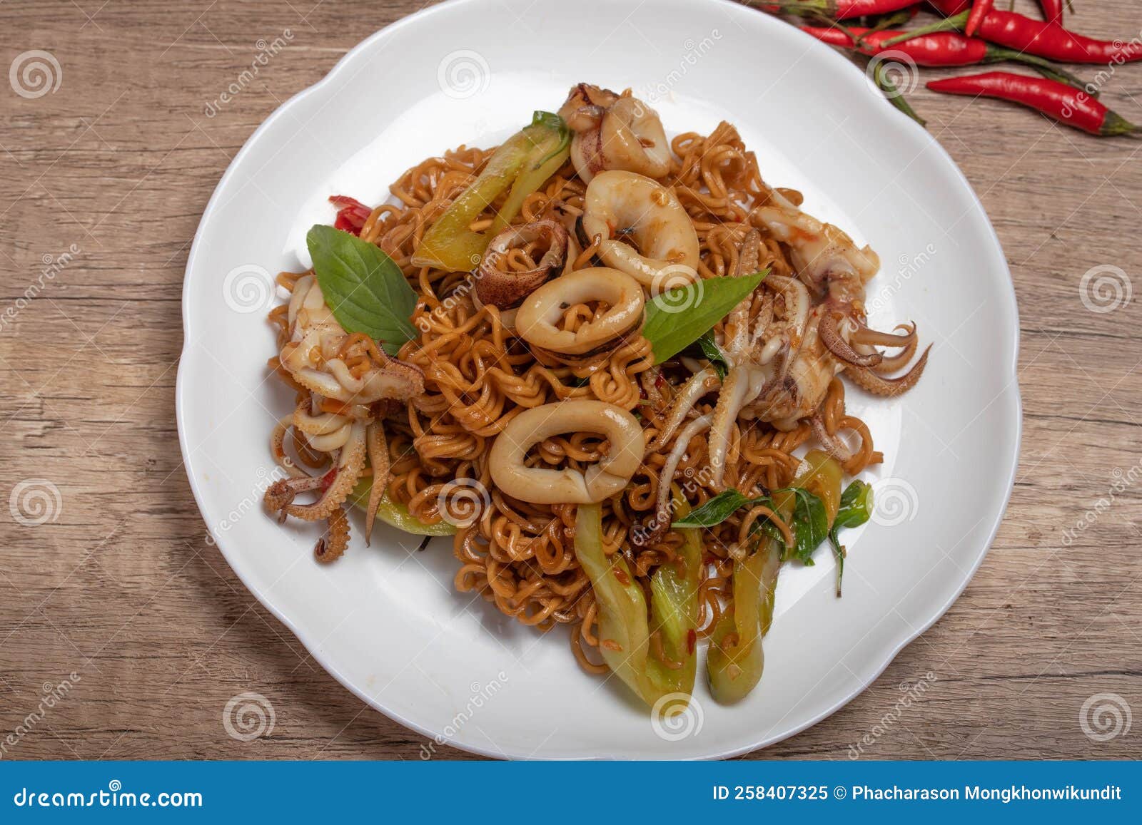 Stir-fried Squid with Basil and Chilli Instant Noodles Stock Image ...