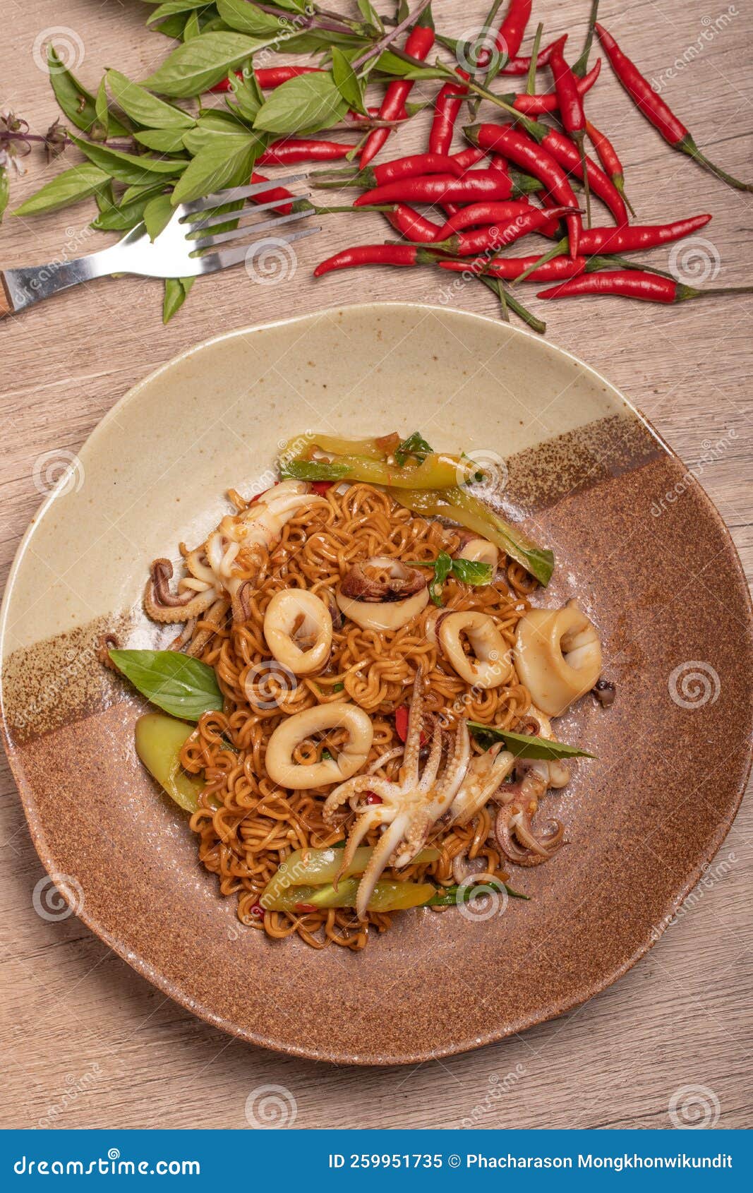 Stir-fried Squid with Basil and Chilli Instant Noodles Stock Image ...