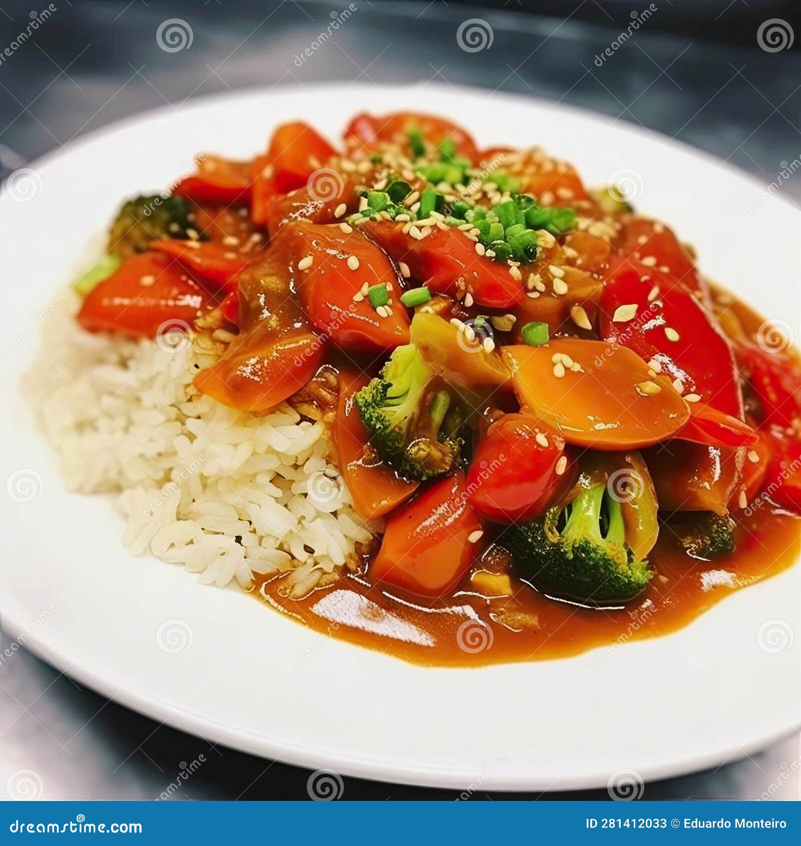 Stir-fried Sweet and Sour Vegetables with Rice on White Plate Stock ...