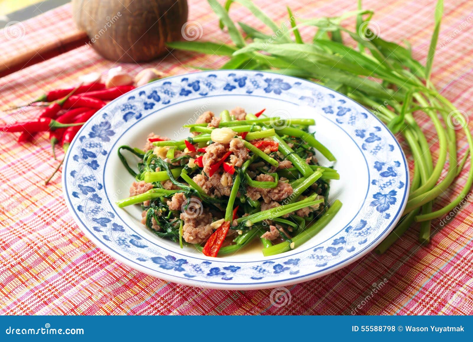 Stir Fried Water Spinach stock photo. Image of hollow - 55588798