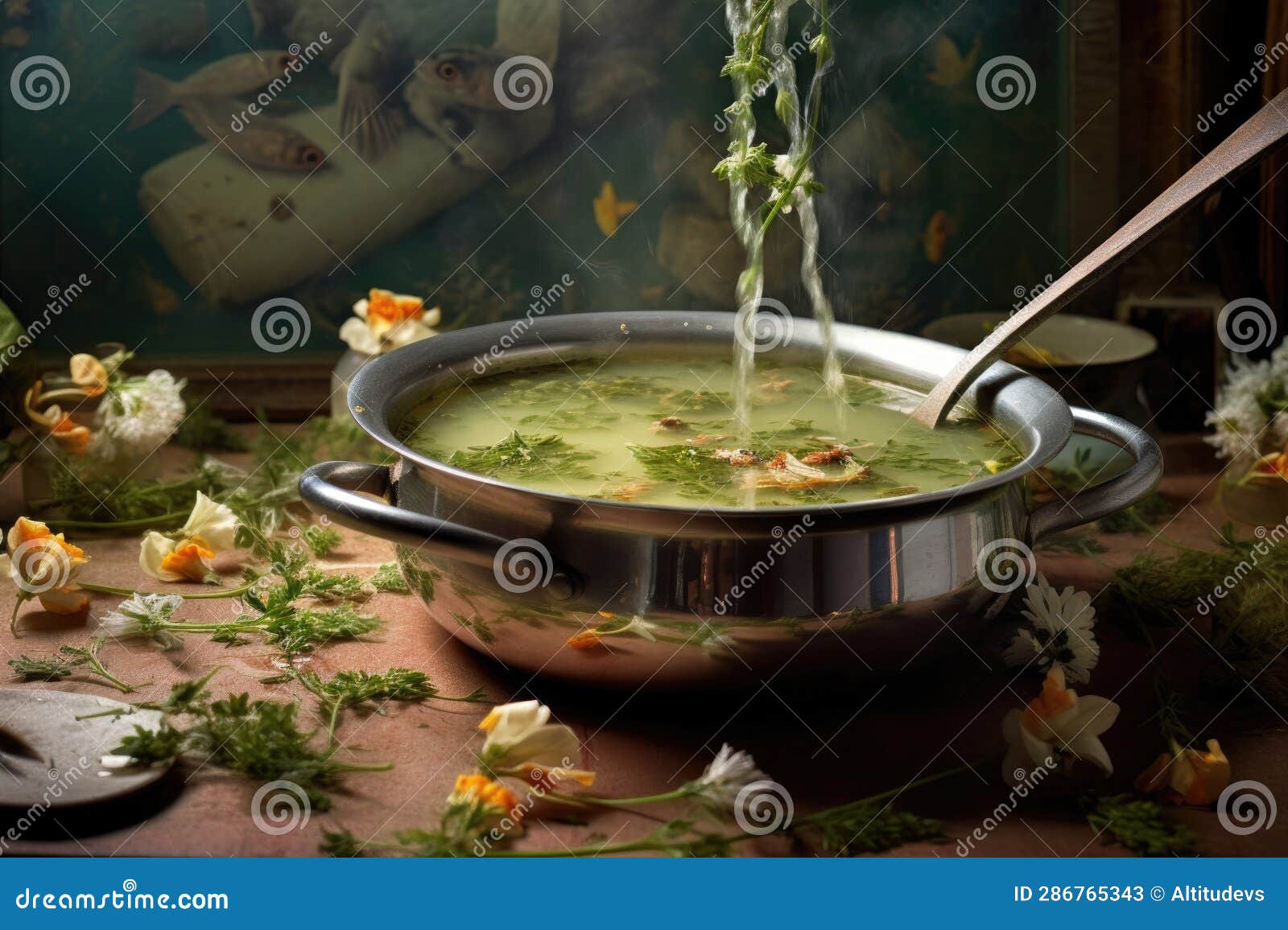Stirring Soup with Herbs Floating on the Surface Stock Image - Image of ...