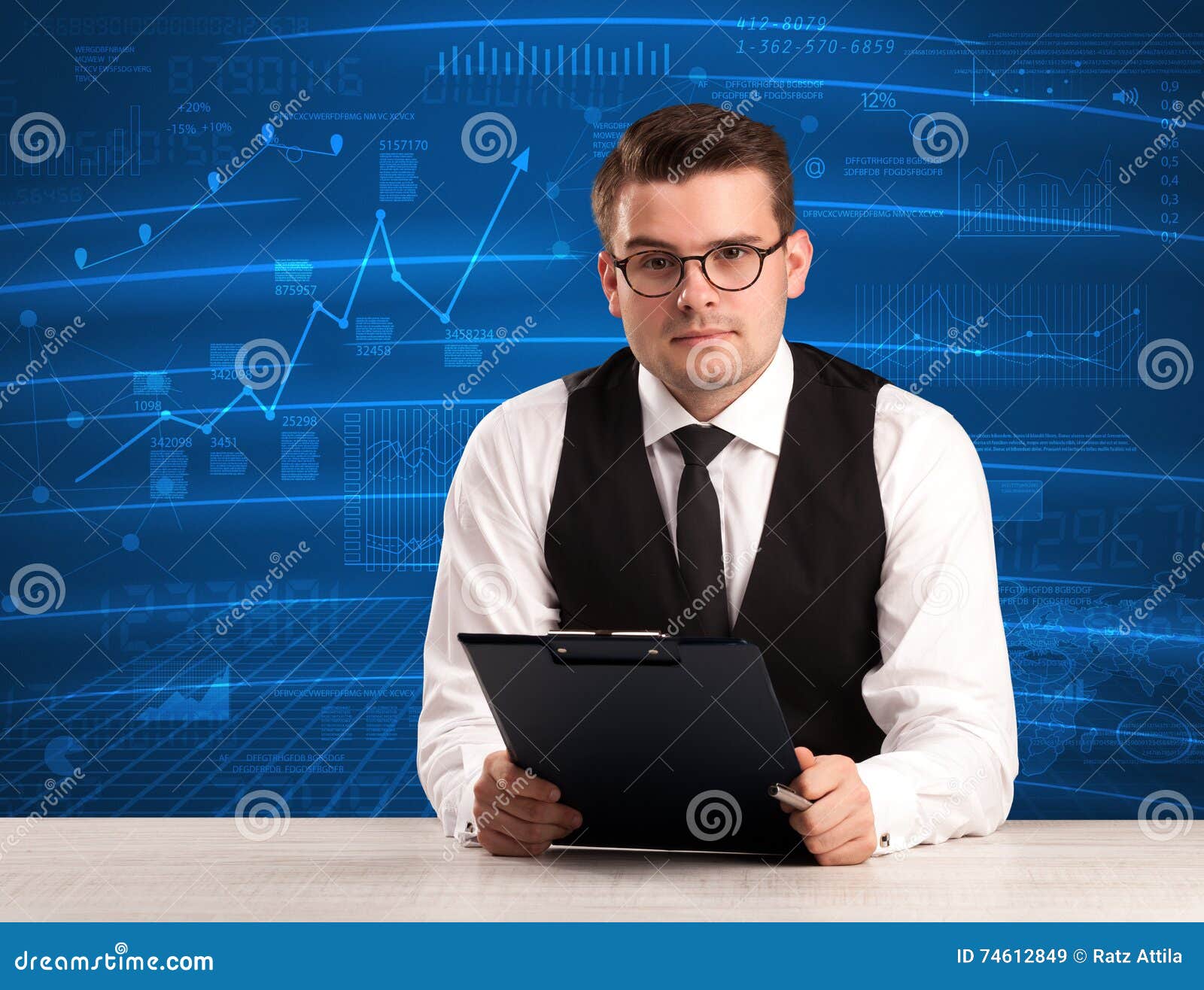 Stock Data Analyst in Studio Giving Adivce on Blue Chart Background ...