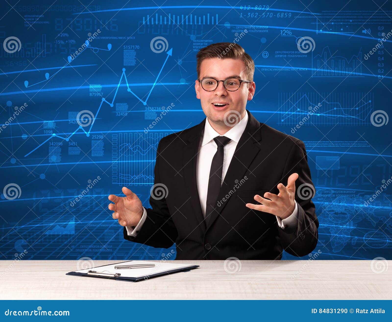 Stock Data Analyst in Studio Giving Adivce on Blue Chart Background ...