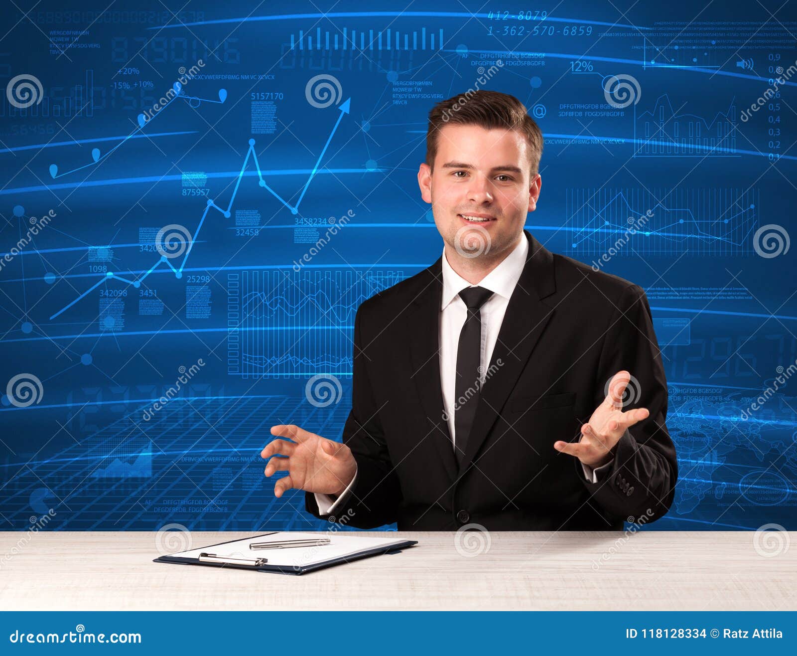 Stock Data Analyst in Studio Giving Adivce on Blue Chart Background ...