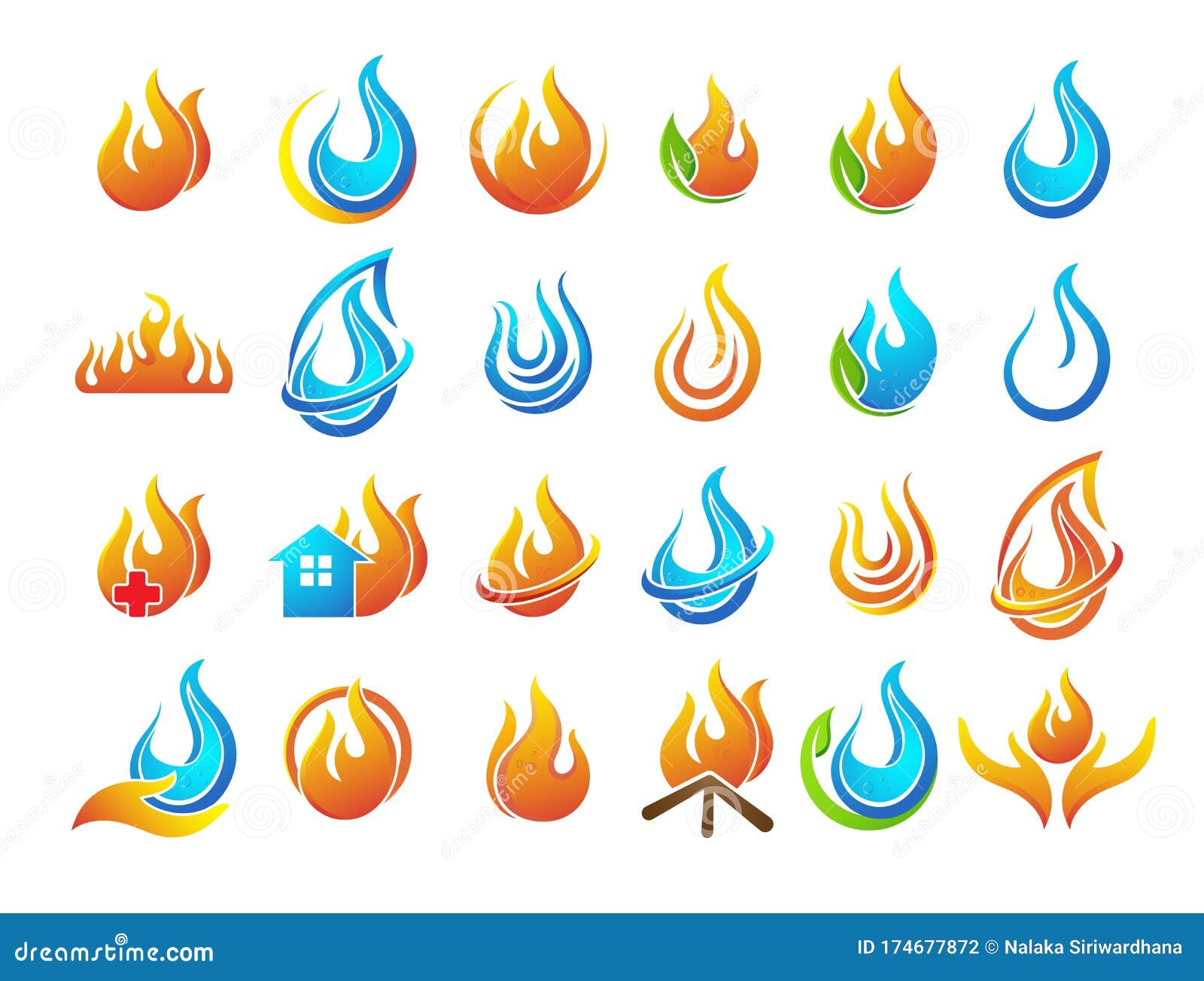 Fire Icon Set, Water Drop Icon with Green Leaves. Stock Vector ...