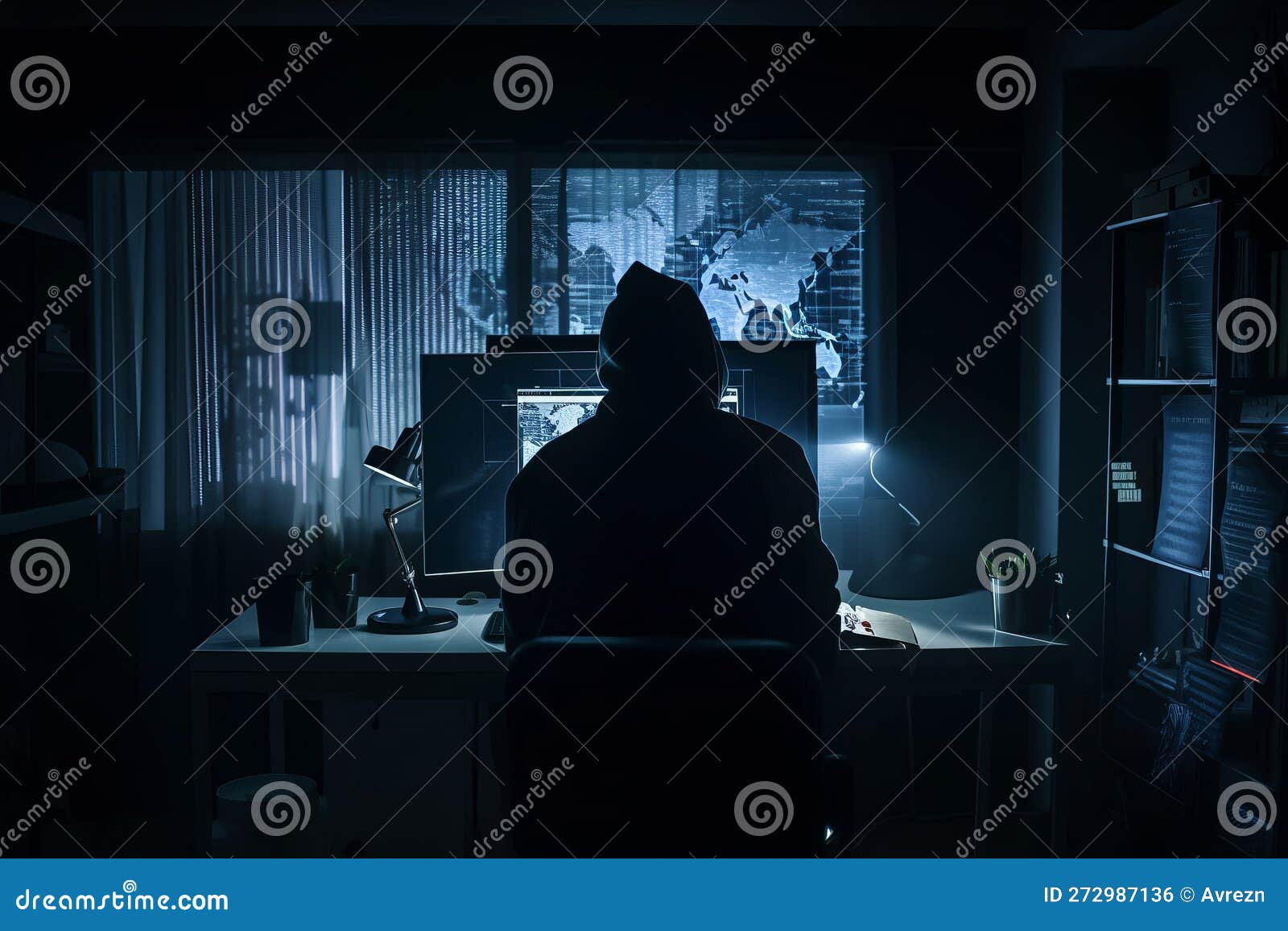 Title: "Hacker at Work: View from Behind in a Dark Room, Generative AI ...