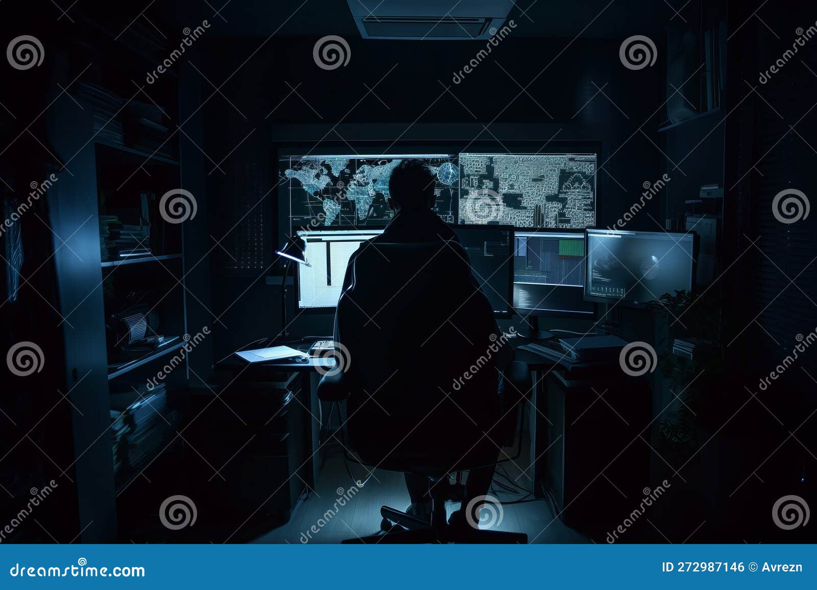 Hacker at Work: View from Behind in a Dark Room, Generative AI Stock ...