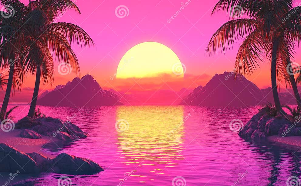 Stock Image of Neon Synthwave Background with Palm Trees, Water, and ...