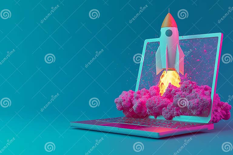 Stock Image of Rocket Coming Out of Computer Screen, Innovation and ...