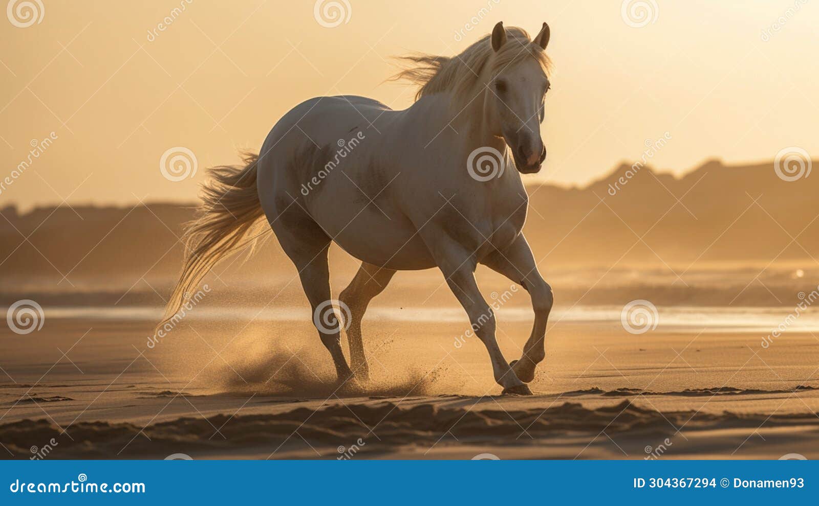 White Horse Galloping on Beach at Sunset - Wild Stallion, Golden Light ...