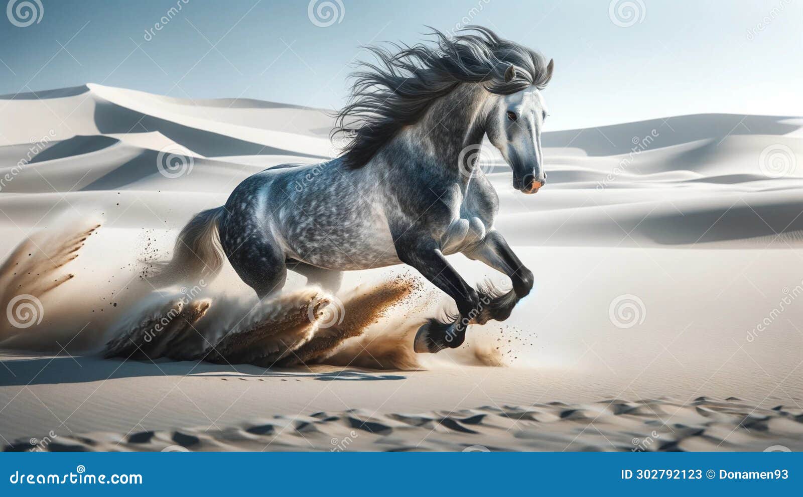 Sandy Sprint: a Majestic Grey Horse Captured in Swift Motion Stock ...
