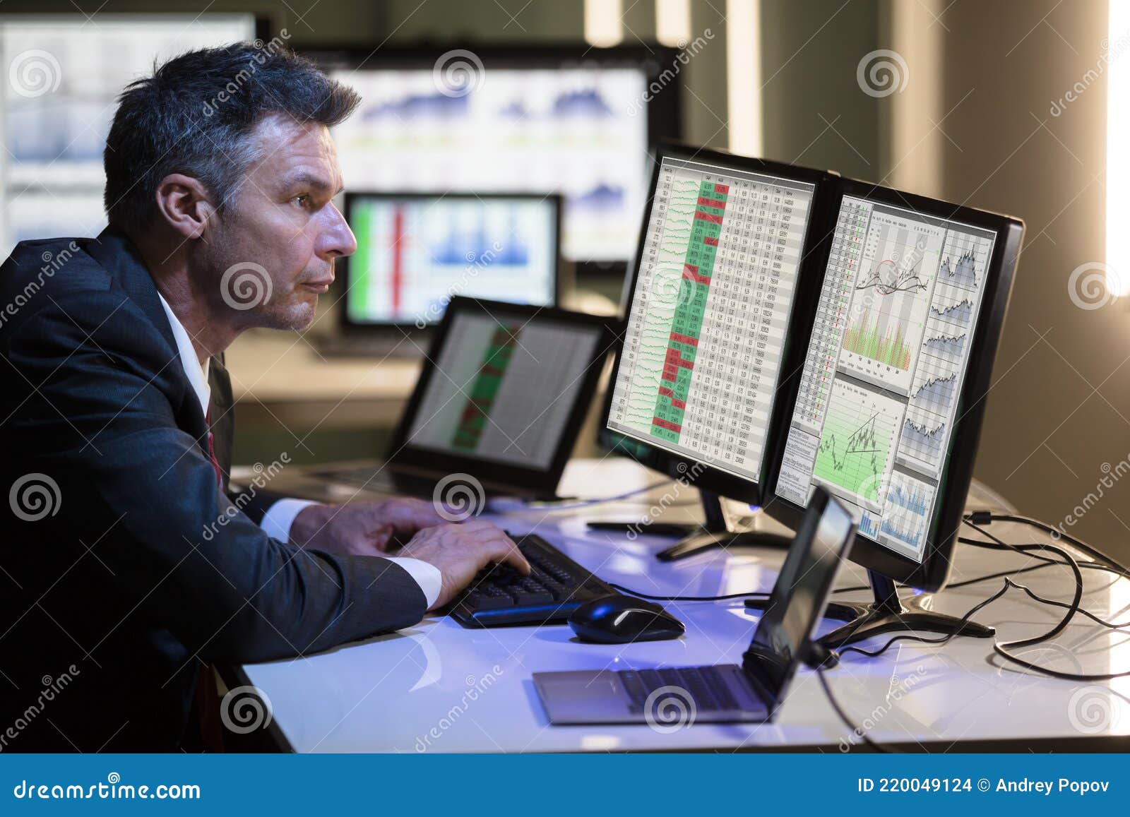 Stock Market Broker Analyzing Graph on Multiple Computer Screen Stock ...