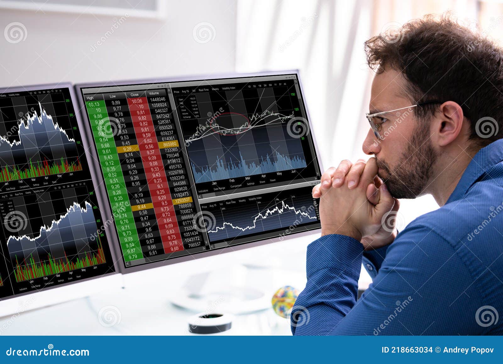 Stock Market Broker Looking at Graphs on Multiple Screens Stock Photo ...