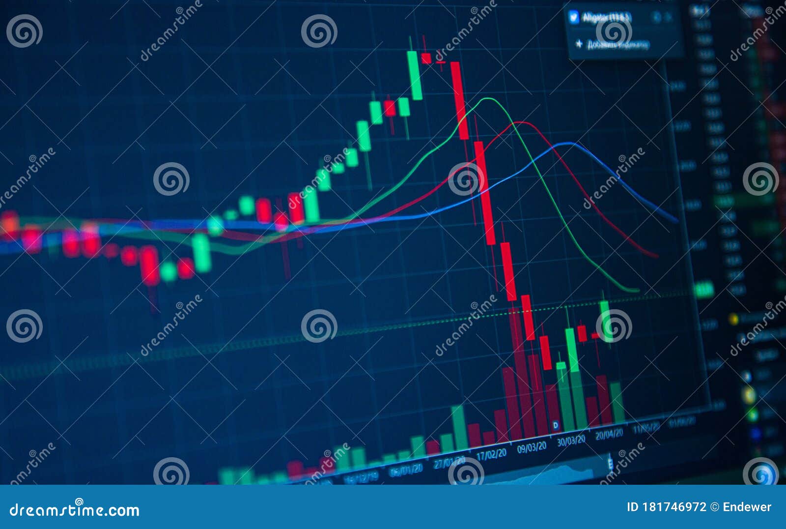 Stock Market Chart on Blue Background. Share Drop Down Stock Photo ...