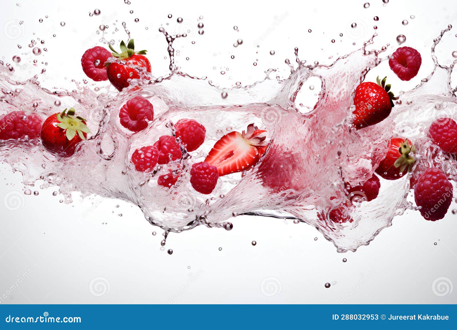 Strawberries and Raspberries Splashing in Water, Isolated on White ...