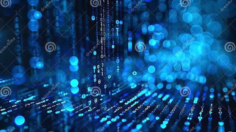 Futuristic Digital Binary Code Background with Bokeh Effect in Dark Blue Stock Illustration ...