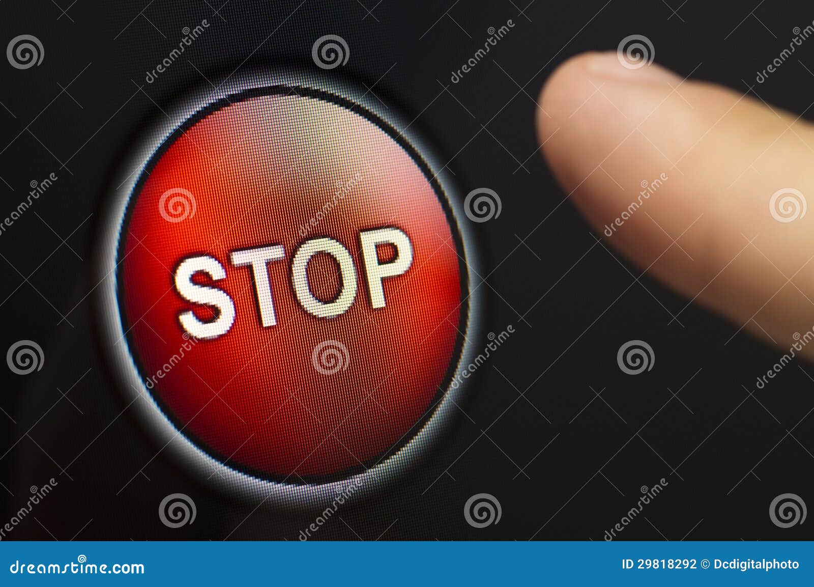 Finger Pressing a Red STOP Button on Touchscreen Stock Photo - Image of ...