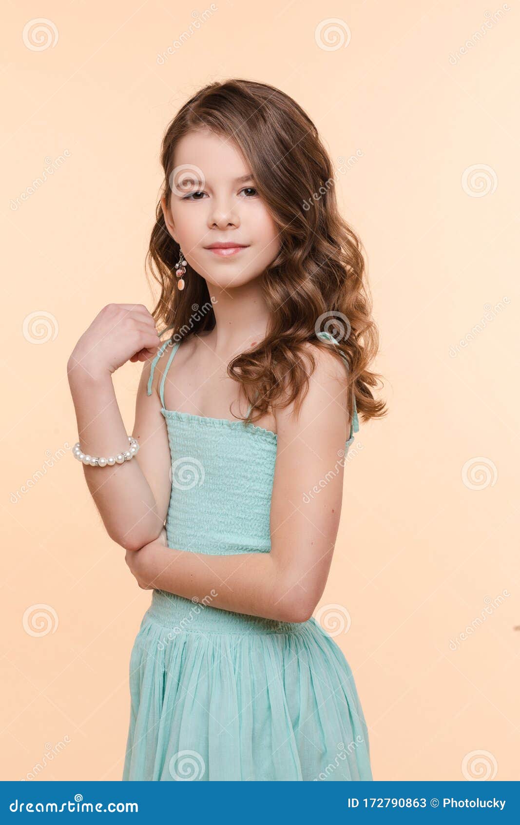 Pre Teen Girl With Beautiful Hair In Blue Dress Stock Image Image Of