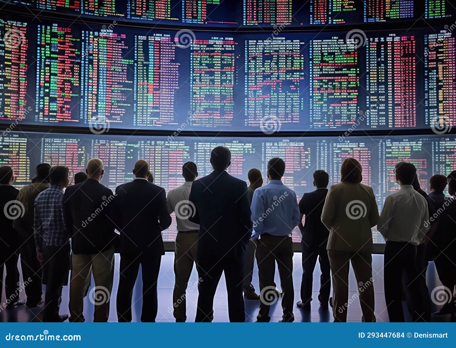 Stock and Shares Traders Looking at Financial Graph on Big Screen.Macro ...