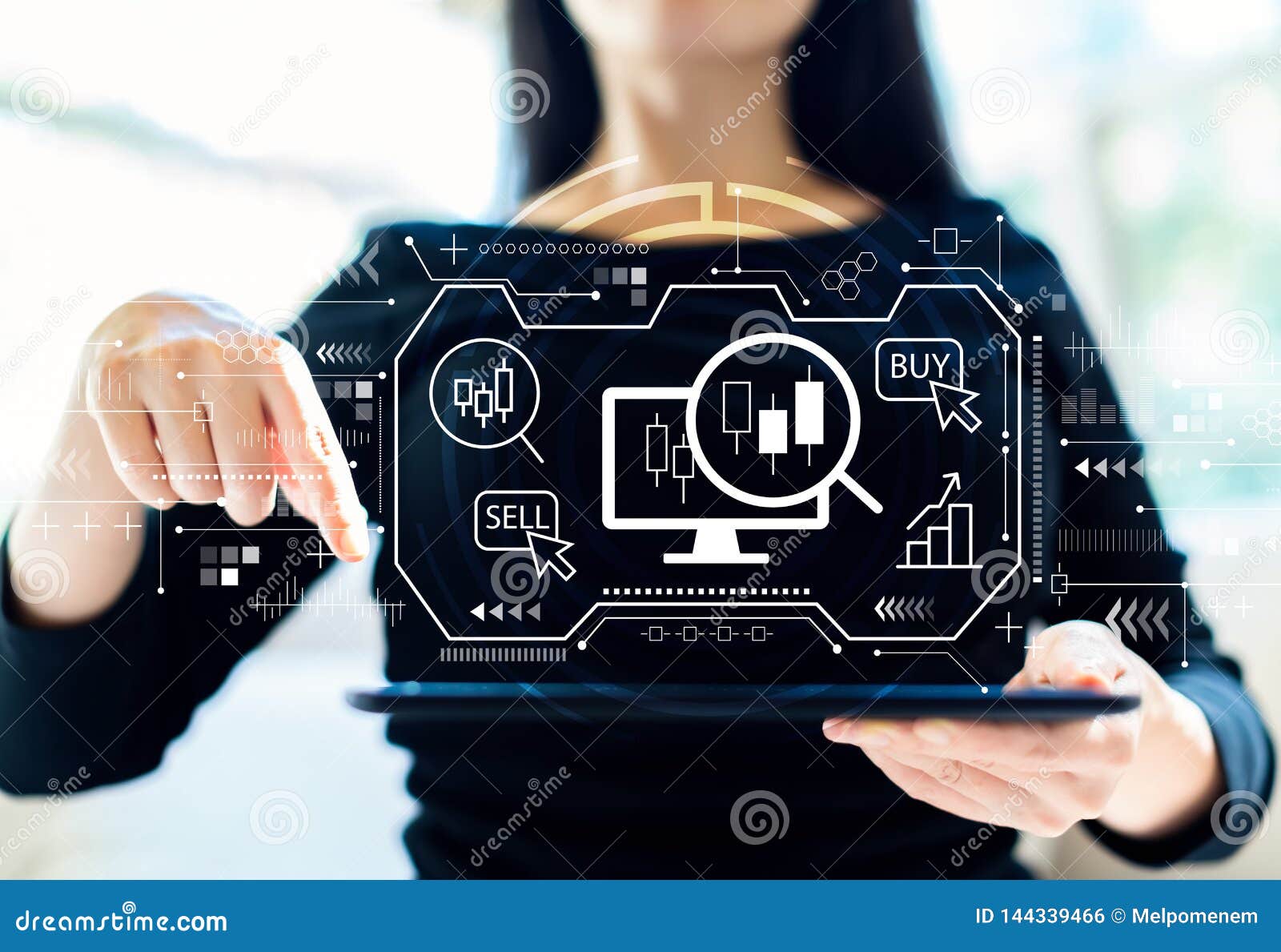 Stock Trading Concept with Woman Using Tablet Stock Illustration ...