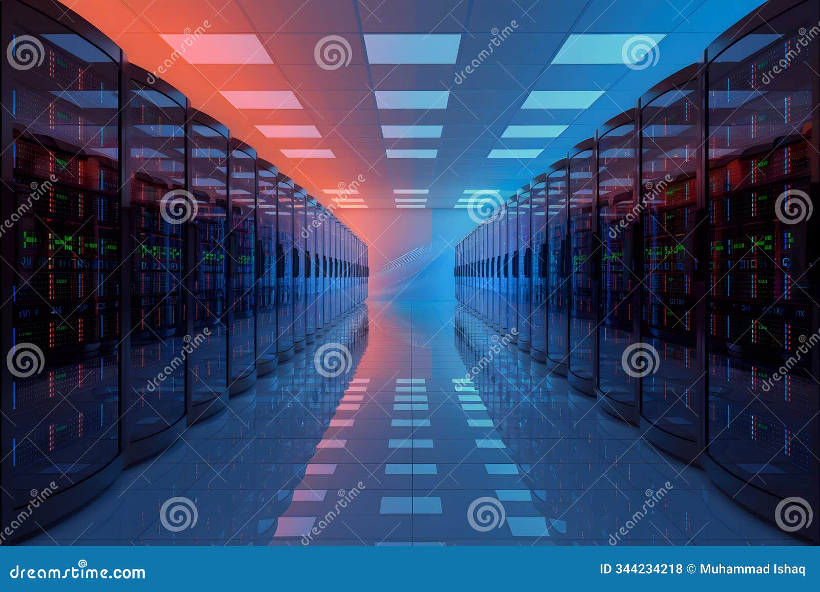 Modern Server Room with Glass Cabinets, Blue and Orange Lights ...